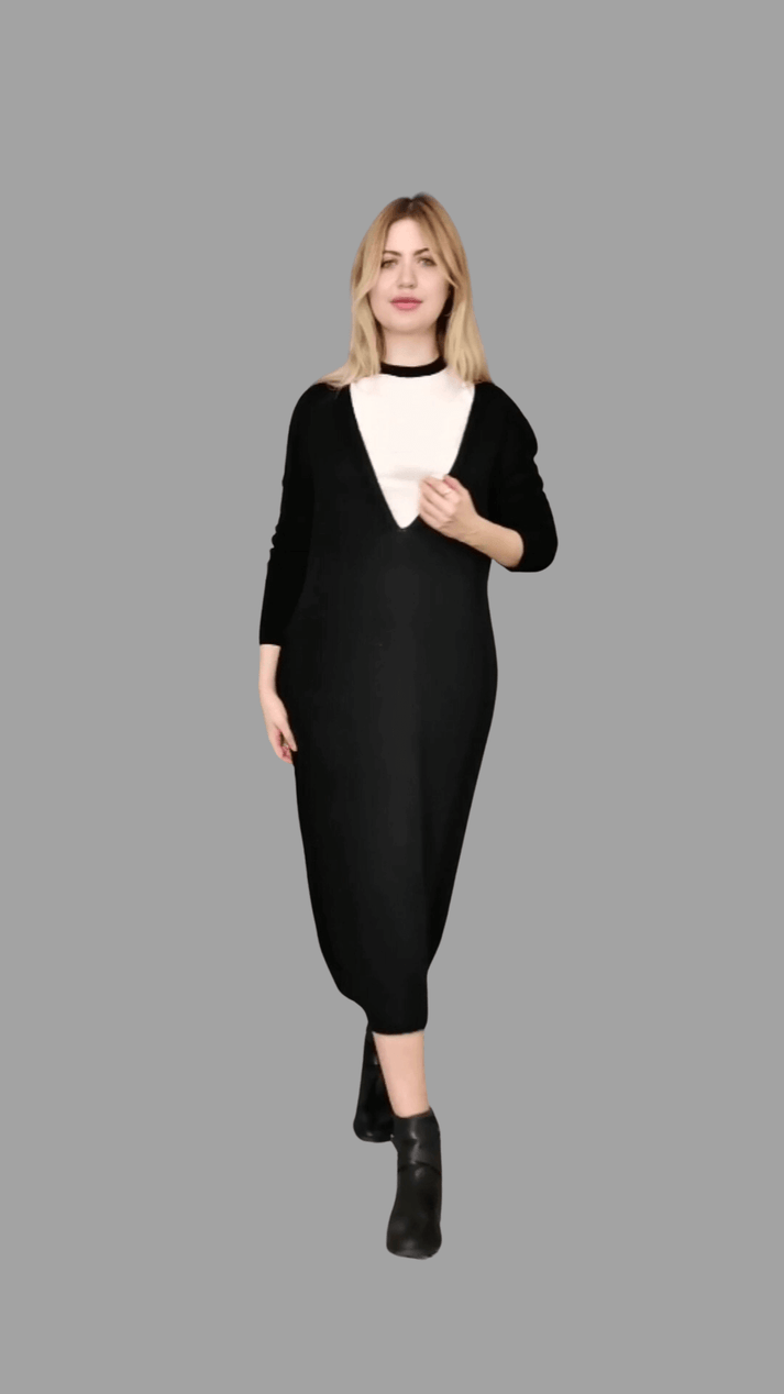 Long Line 100% Merino Wool Dress Deep V neck with long sleeves in clas ...